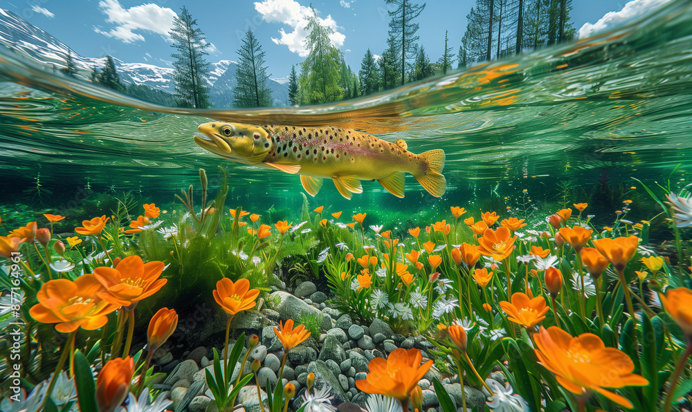underwater world，a colorful fish navigates an underwater meadow of ...