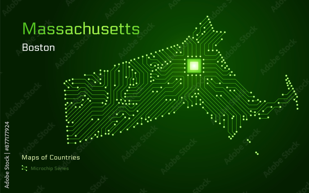Massachusetts Map with a capital of Boston Shown in a Microchip Pattern ...