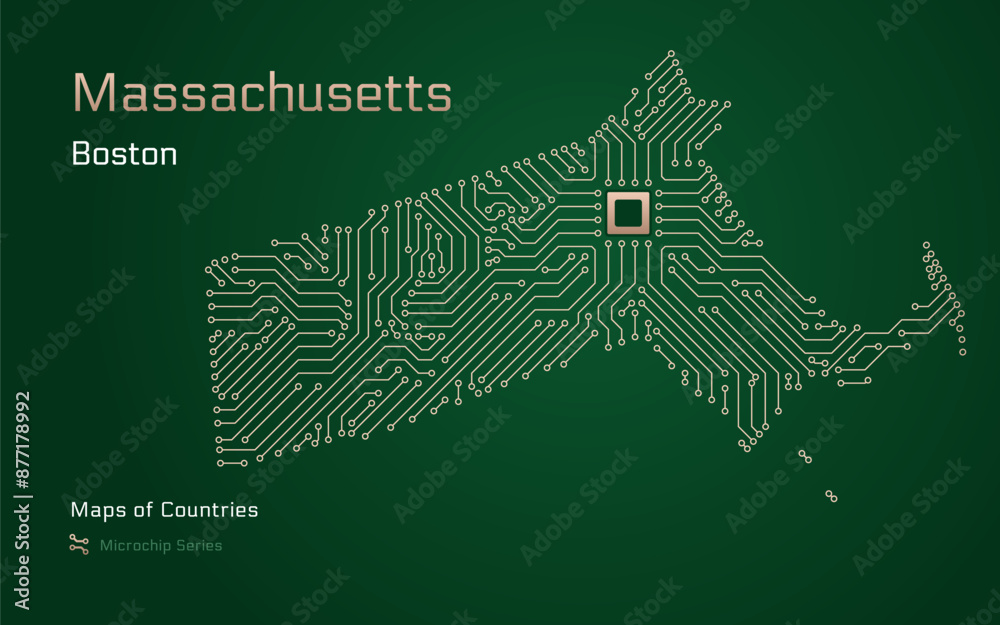 Massachusetts Map with a capital of Boston Shown in a Microchip Pattern ...