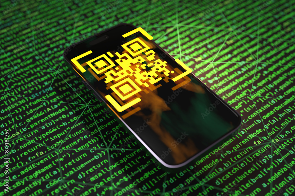 Yellow QR code floating above a smartphone on a green background made ...