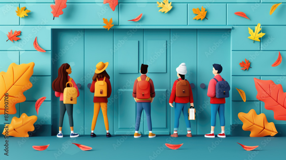Fall-themed welcome banner with flat design of students entering ...