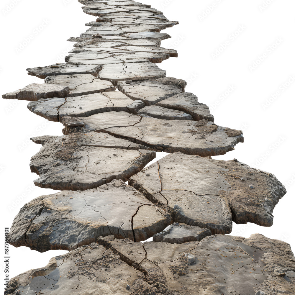 Curved cracked stone pathway with rough texture on a transparent ...