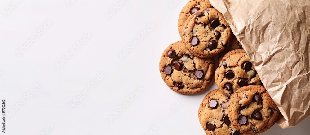 Chocolate chip cookies with a paper bag on a white background allowing ...