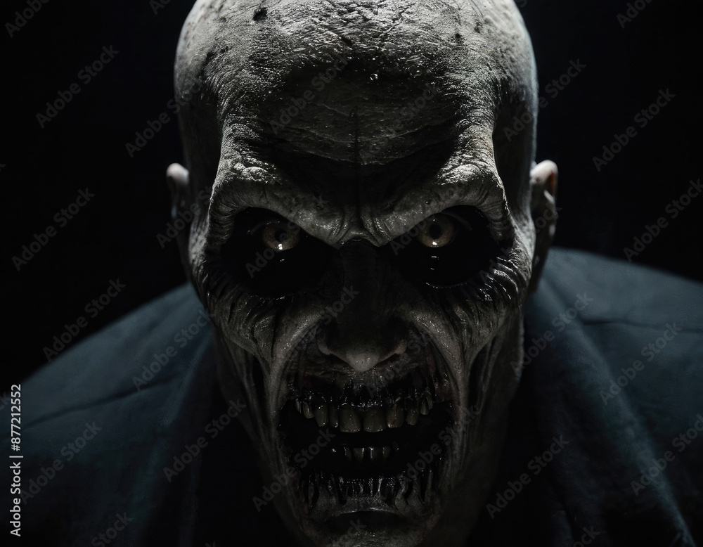 A sinister bald ghoul with dark hollow eyes and a terrifying grimace ...