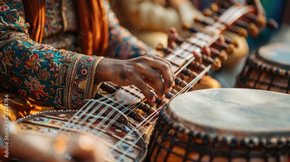 An Indian classical music performance featuring musicians playing sitar ...