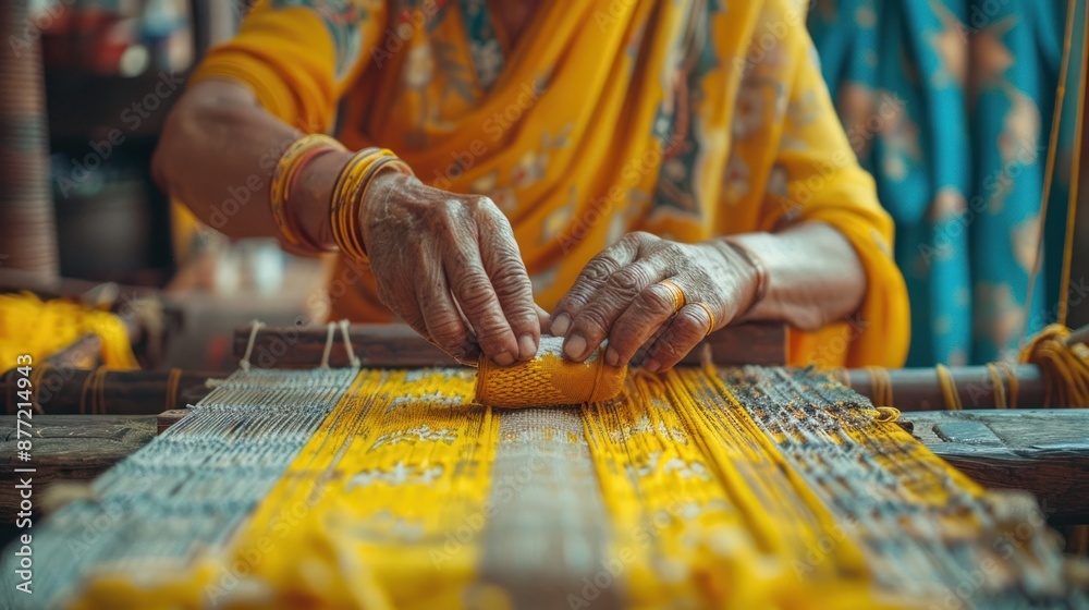 An image of a traditional Indian weaver working on a loom to create ...