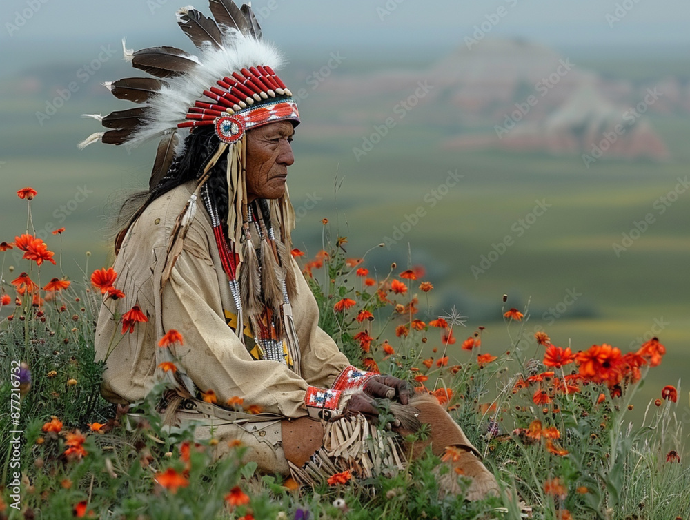 Typical Indian from the Wild West with traditional clothing, ai ...