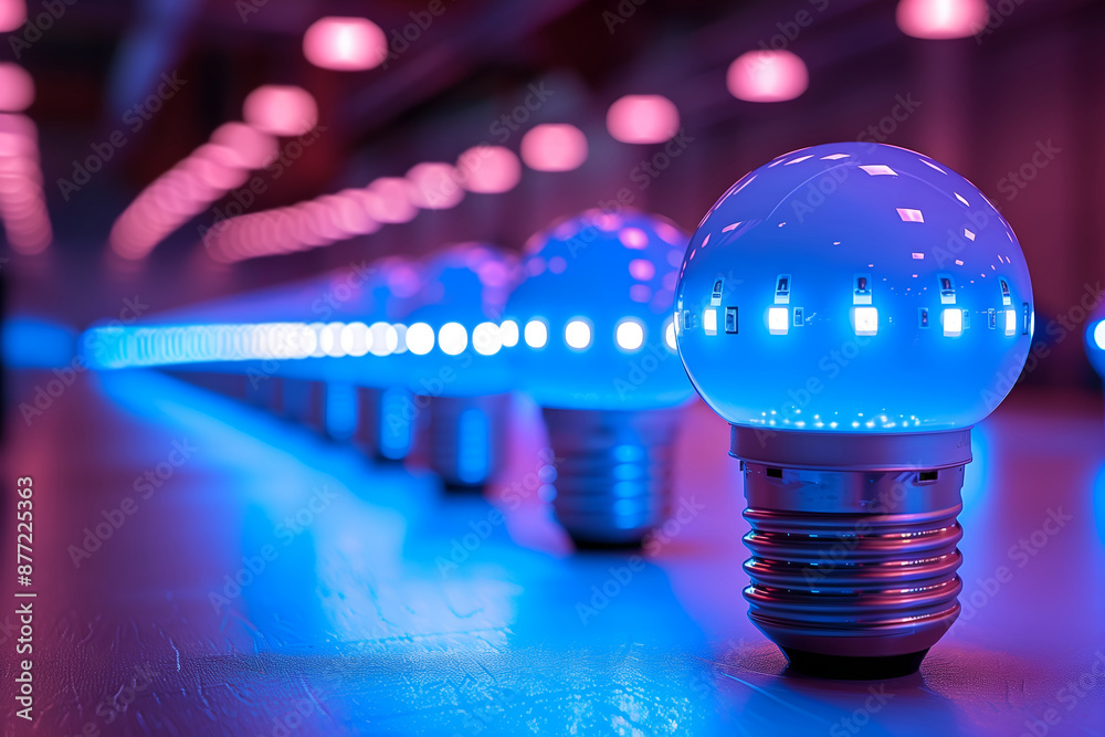 Eco led light bulbs lined up in row and glow cool blue light on purple ...