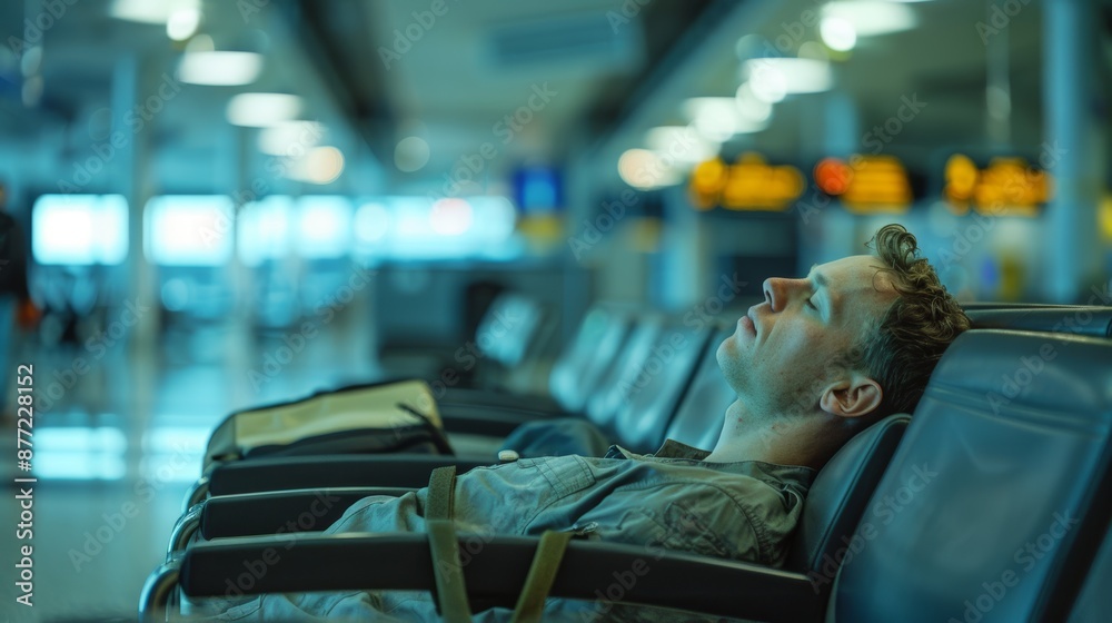 Airport, journey, and tired businessman napping before departure for ...