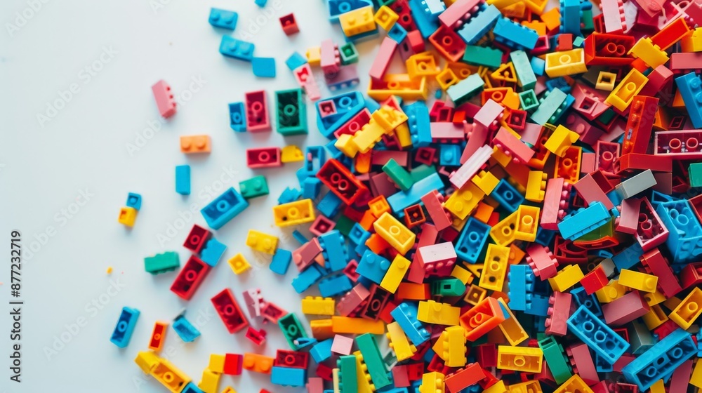 Top view of a pile of colorful Lego blocks scattered all over the place ...