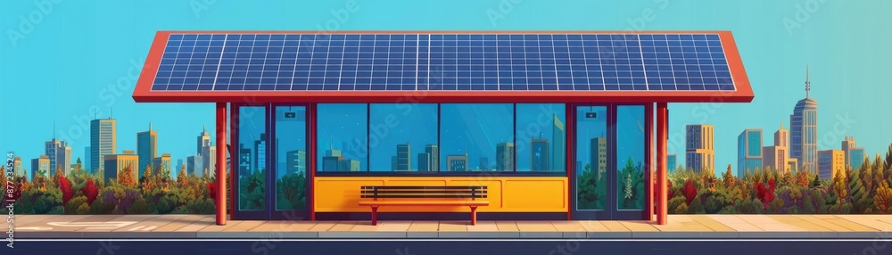 Solar-powered electric bus stop in a vibrant city, sustainable urban ...