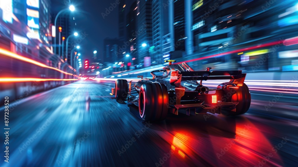 Formula one car racing through a neon city street at night. Back view ...