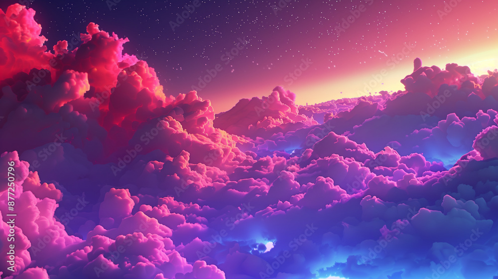A colorful sky with pink and blue clouds and stars. The sky is filled ...