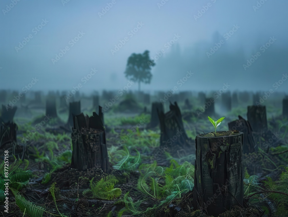 haunting deforestation scene misty morning light reveals field of tree ...
