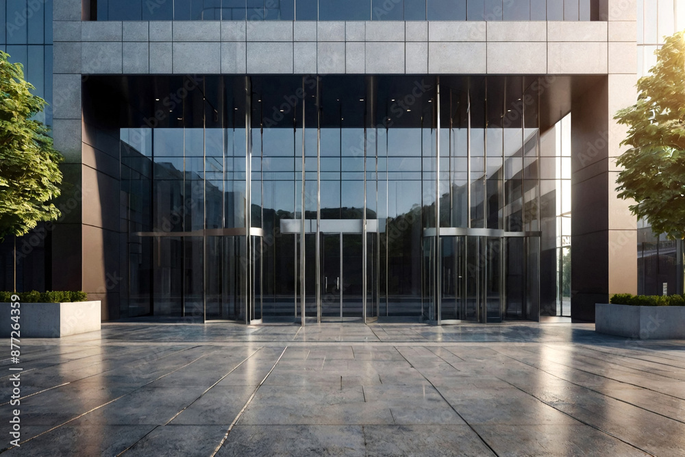 Entrance to modern office building of business city with automatic ...