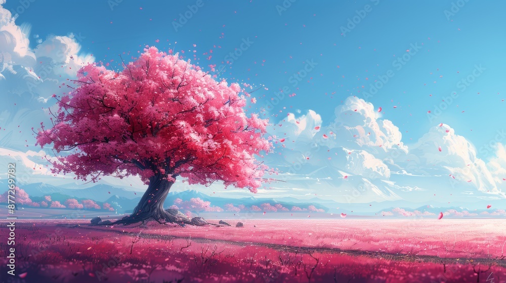 A cartoon cherry tree blossom cartoon background with sky and meadow. A ...