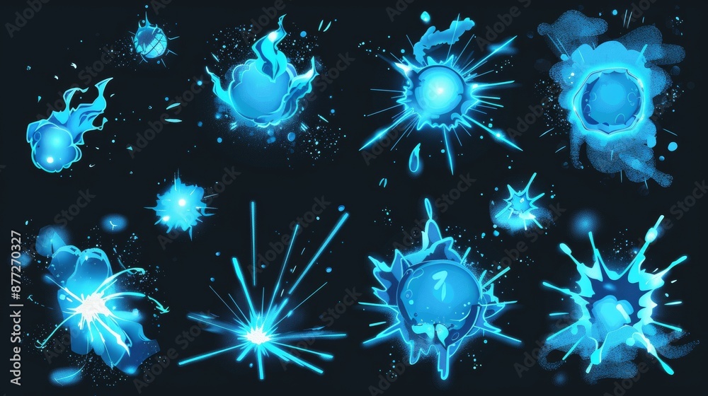 Modern illustration of light spots, blast boom effects, smoke clouds ...