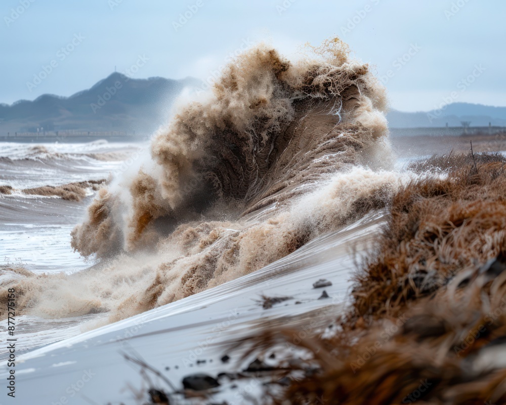 Powerful Tidal Waves Crashing Against Shoreline, Creating a Risky ...