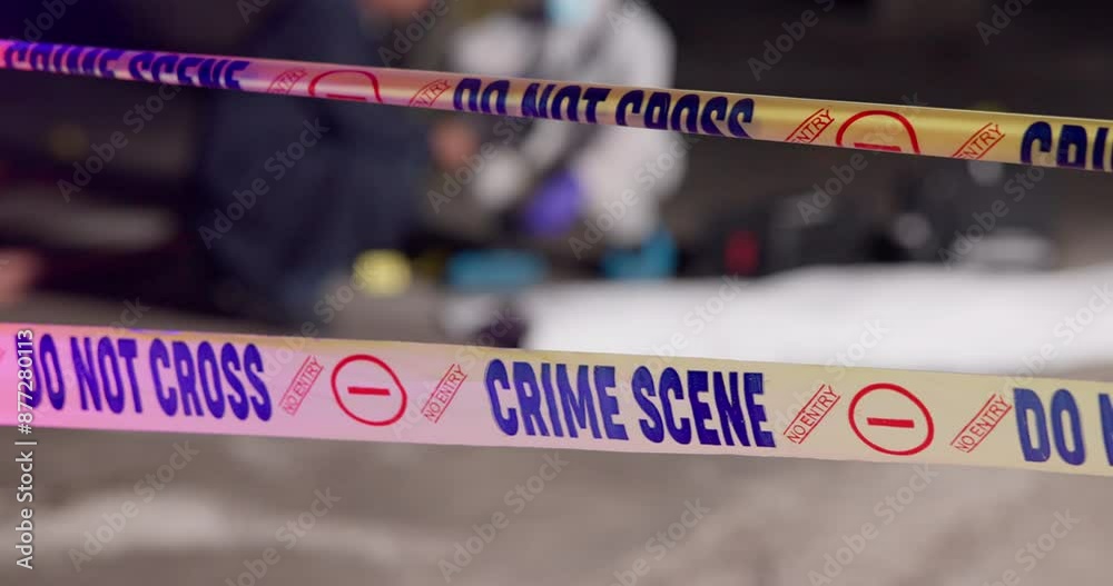 Crime scene, night and ribbon with police tape for murder ...
