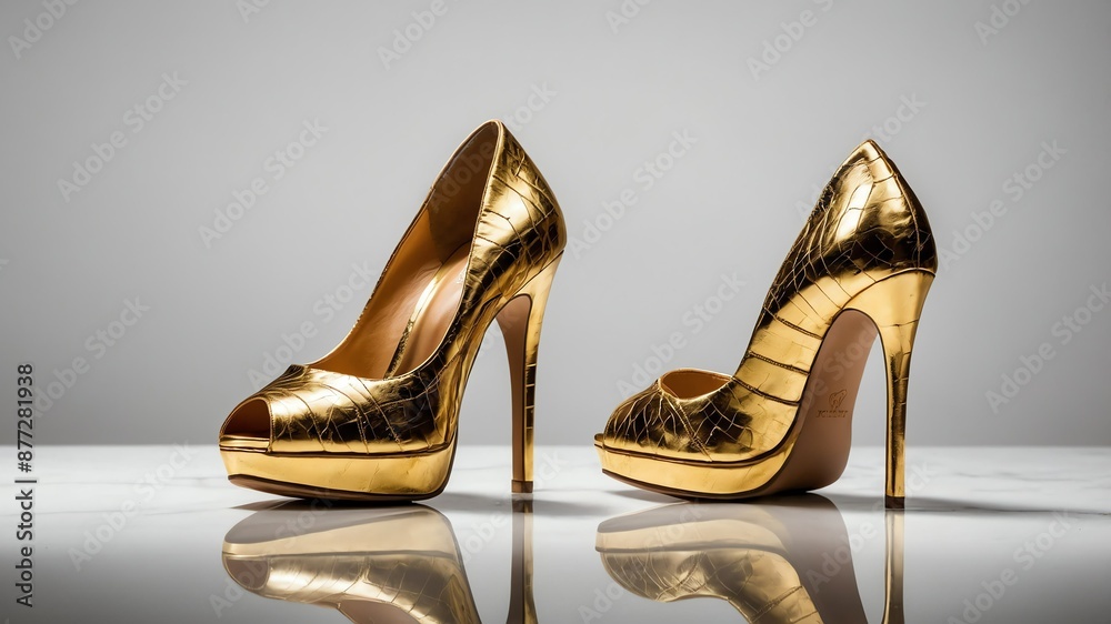 gold high heels on plain white background for banner background copy ...