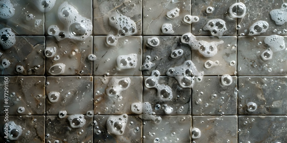Dirty bathroom tiles covered in soda bubbles creating a grimy and ...