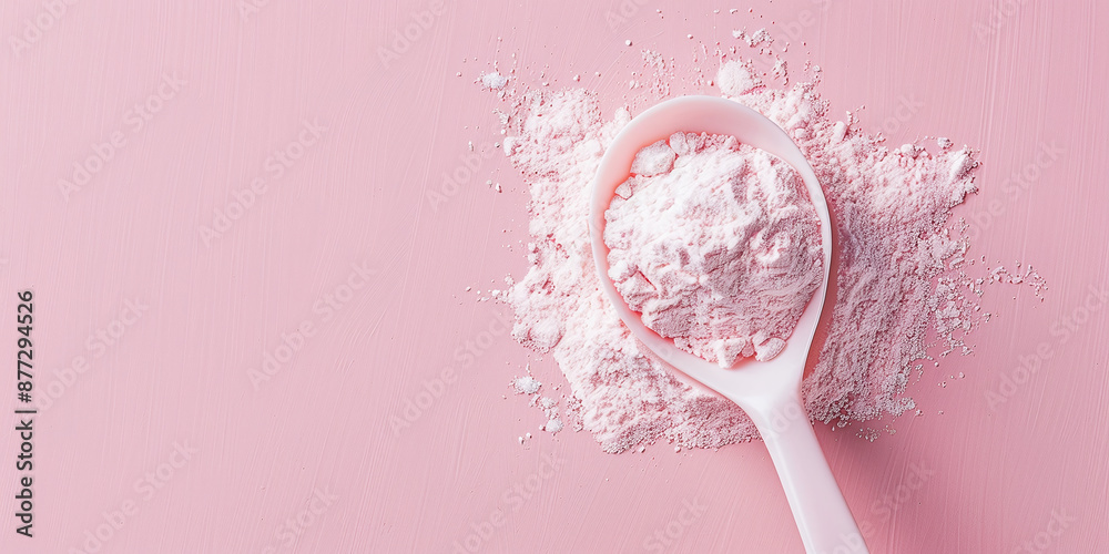 Pink background with collagen powder boosts protein levels for beauty ...