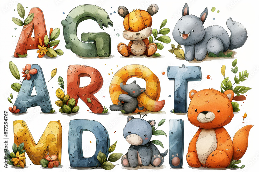 simple alphabets with pictures of animals, cute rabbit and bear ...