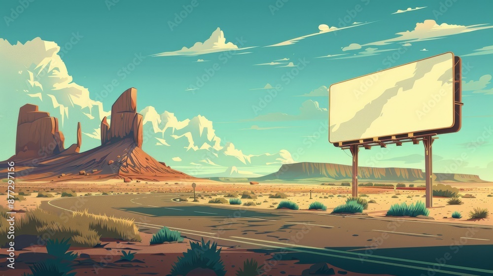 Leaving the desert, a road with a billboard in the distance, with red ...