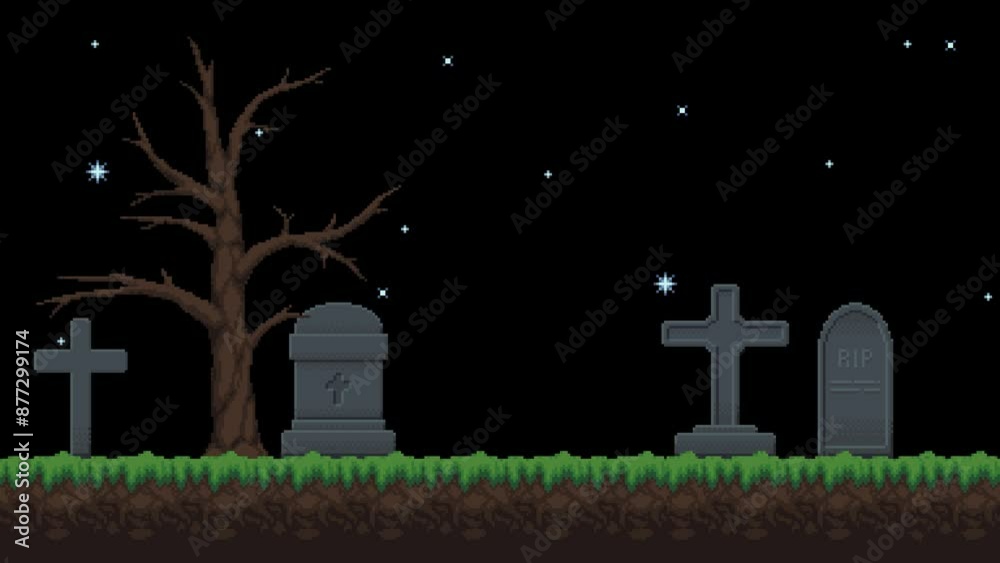 Animated pixel art cemetery landscape. Graveyard background with ...