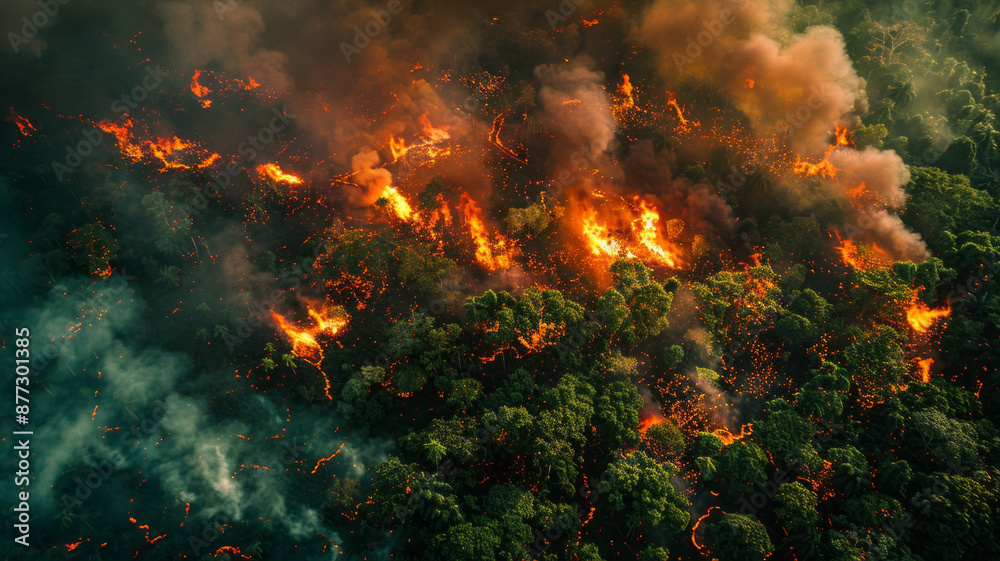 ภาพประกอบสต็อก laser is burning the forest, monkeys in the forest are ...