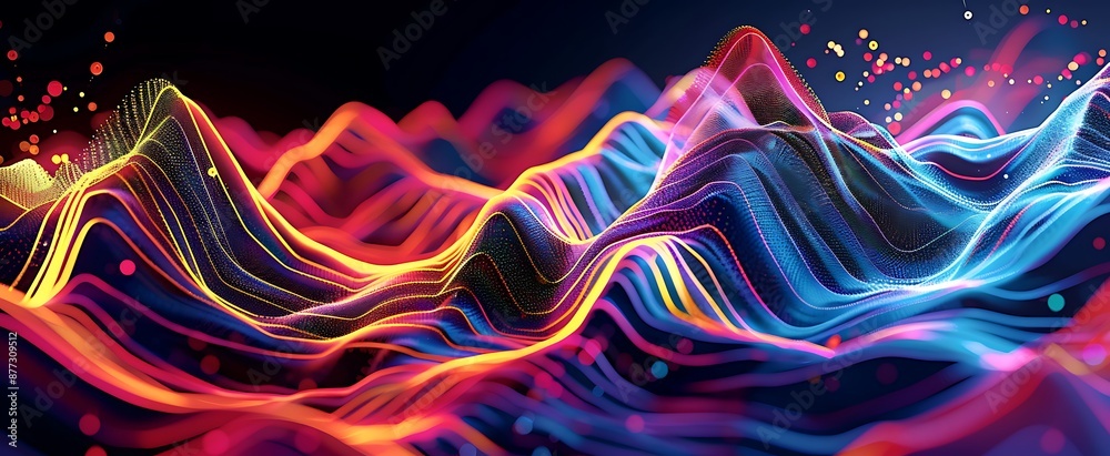 Vibrant 3d sound waves in abstract colorful motion on dark background - dynamic data ...