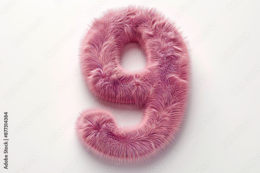 This cute pink number 9 or nine as a fur shape has short hair, a white ...