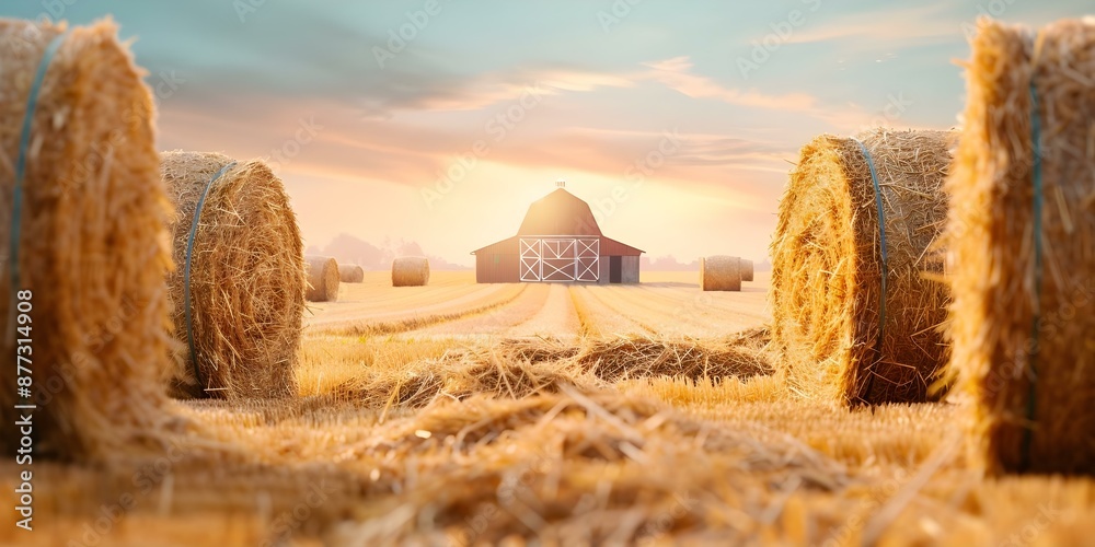 Foto de Cartoon farm scene with hay bales barn and colorful straw piles ...