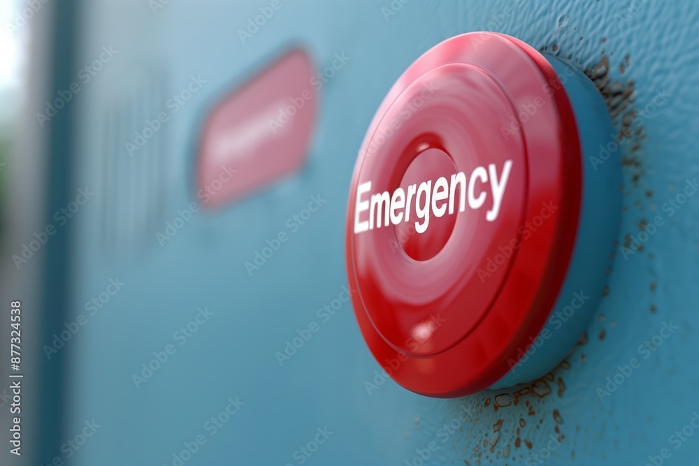 A red emergency button with 'Emergency' written in bold white letters ...