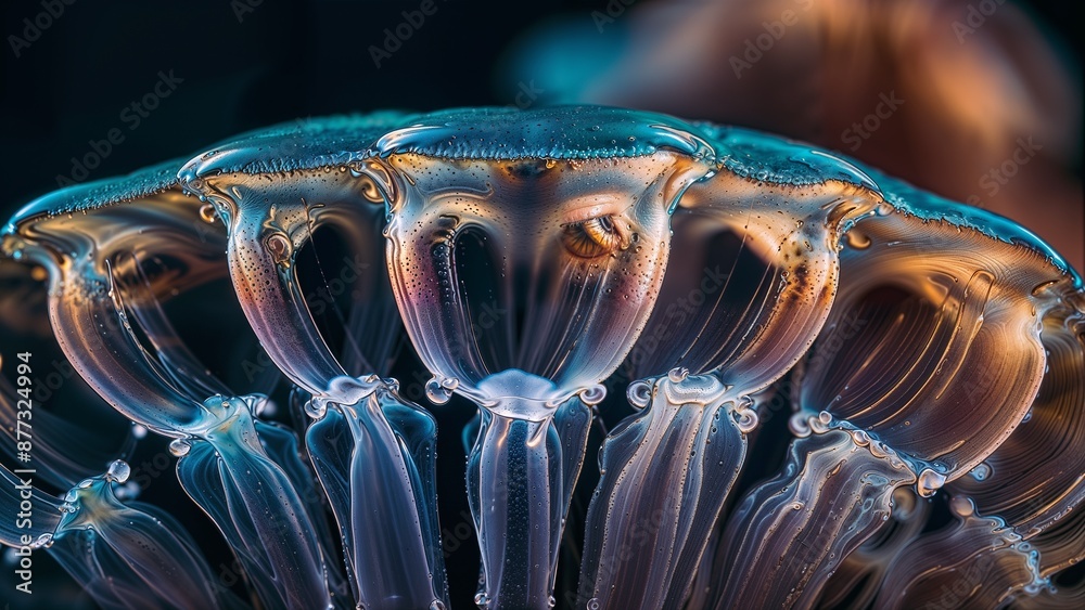 In the picture is a beautiful colorful jellyfish. shaped like a bell ...