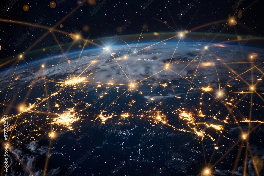 An expansive image of a connected global network with points of light ...