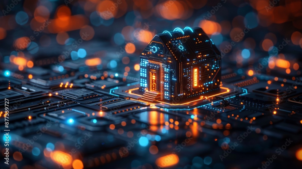 Design a logo for a futuristic smart home device featuring a digital ...