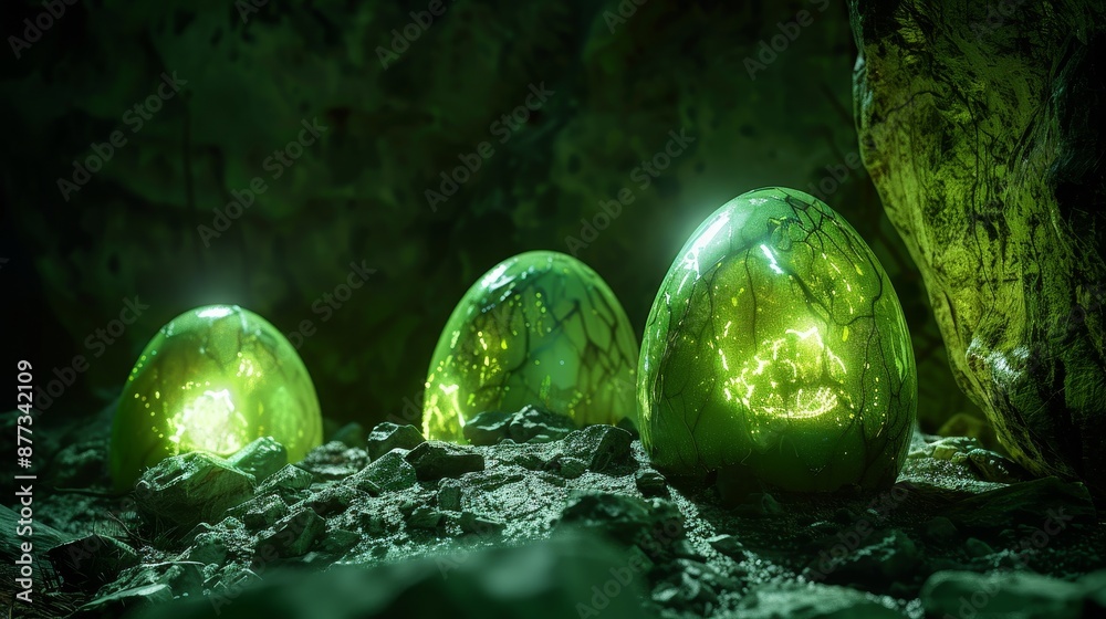Cave with alien nest. Dark wet stone cave with mysterious alien eggs ...