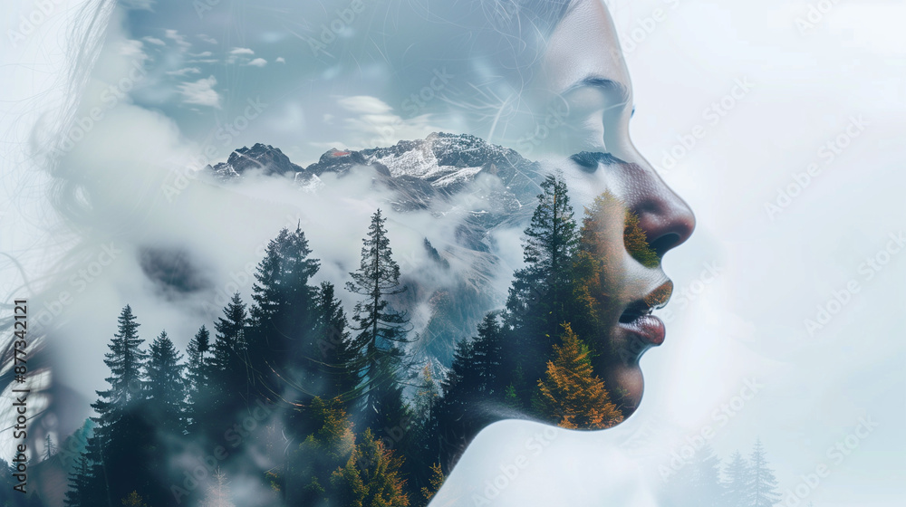 Double exposure showing a woman's face, high mountains and a green ...