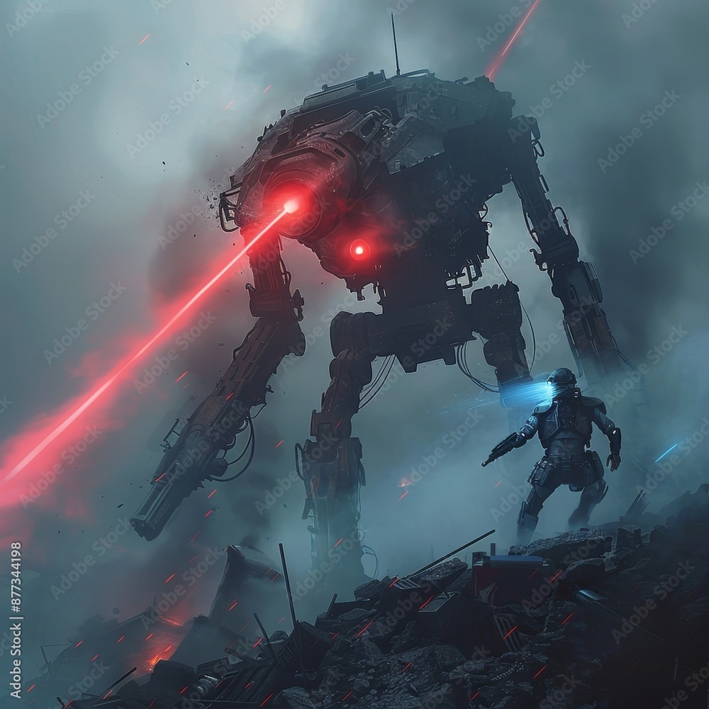 The image shows a space soldier mech robot standing against an ominous ...