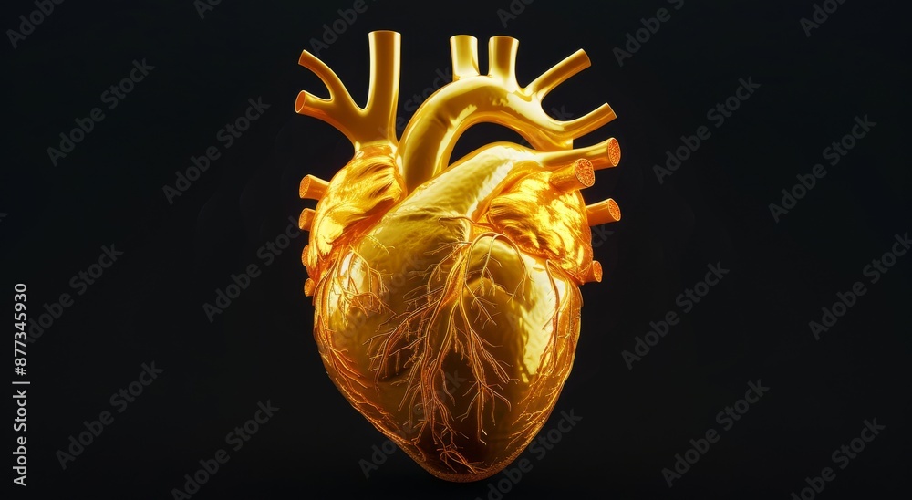 Golden human heart anatomy with veins and arteries on black background ...