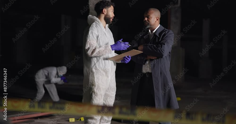Crime scene, detective and forensic police in conversation with ...