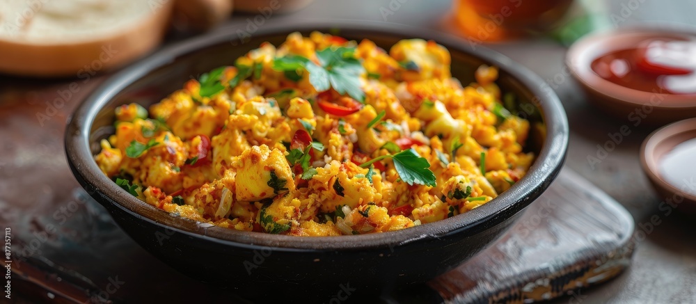 Famous Indian street food Parsi Akuri or Anda Bhurji spicy scrambled ...