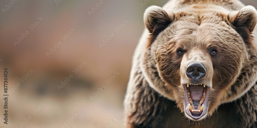 Grizzly bear roaring and charging towards camera in Kamchatka Forest. Concept Wildlife ...