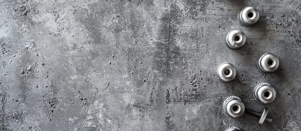 Different sized metal pop rivet fasteners on a grey cement background ...