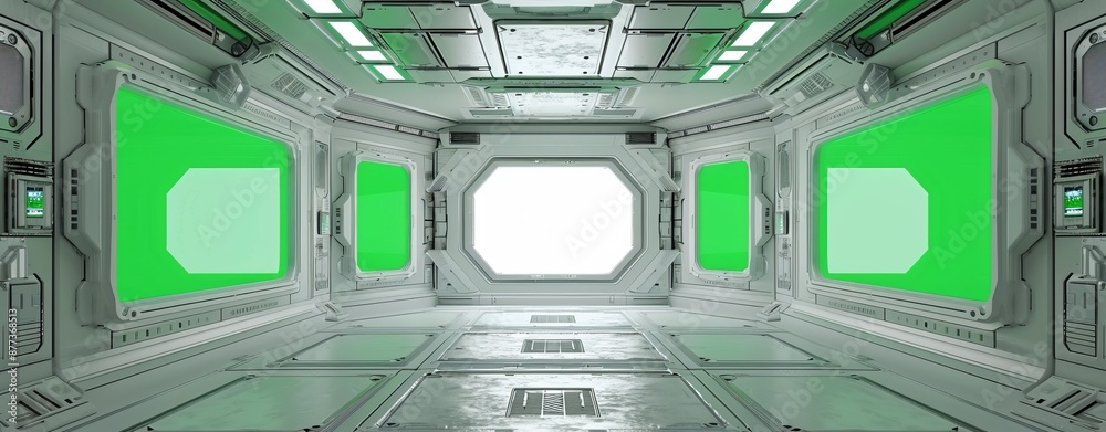 An interior of a white spaceship with an isolated window. Interior of a ...