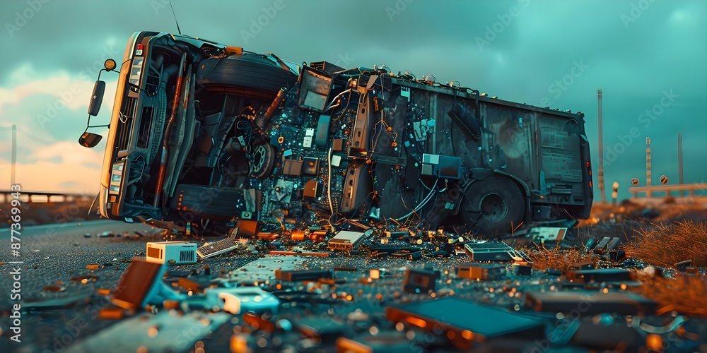 a modern overturned truck on the road with Electronics scattered on it ...
