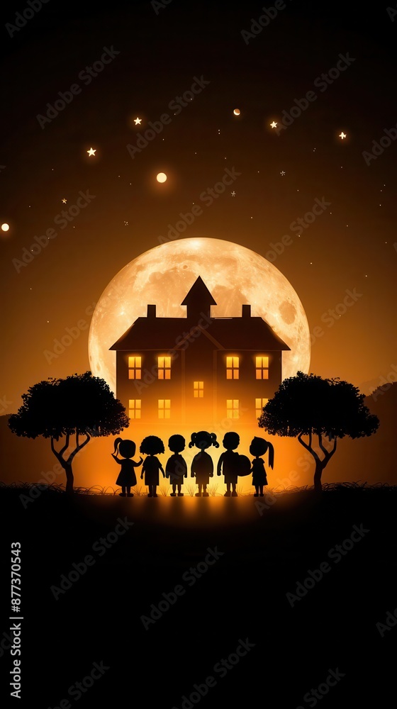 Happy cartoon children playing in front of school building, back to ...