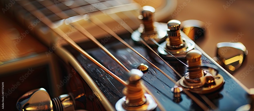 Close up view showing gear machine heads on an acoustic guitar ...