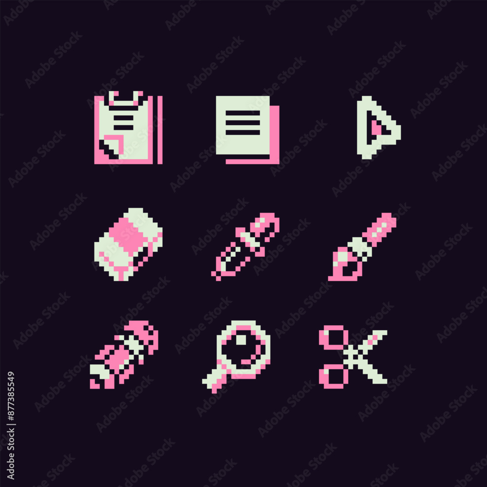 Stationery pixel art icon set, scissors, alarm clock, hourglass, folder ...